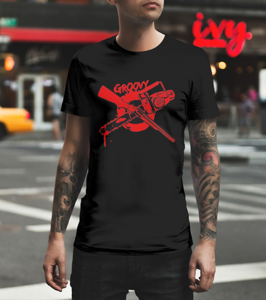 Ash Williams Evil Dead Groovy Chainsaw Shotgun T-Shirt