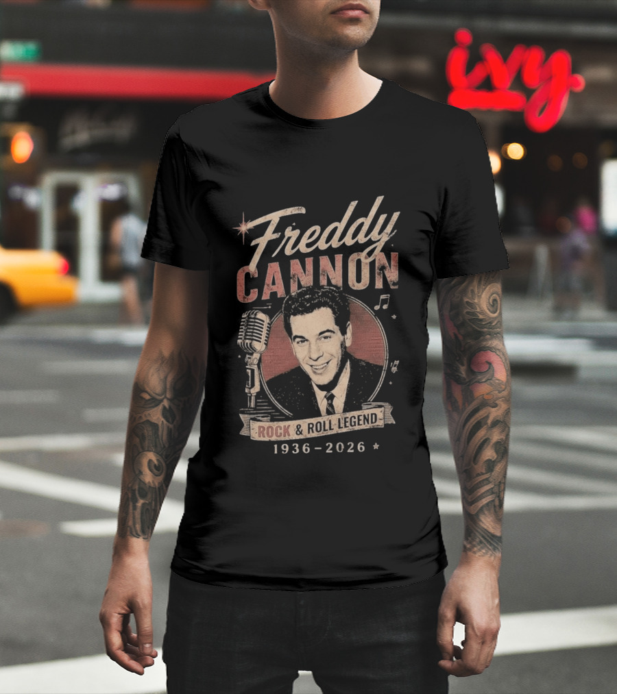 Freddy Cannon Rock & Roll Legend In Loving Memory 1936 2026 Microphone Musical Notes T-Shirt