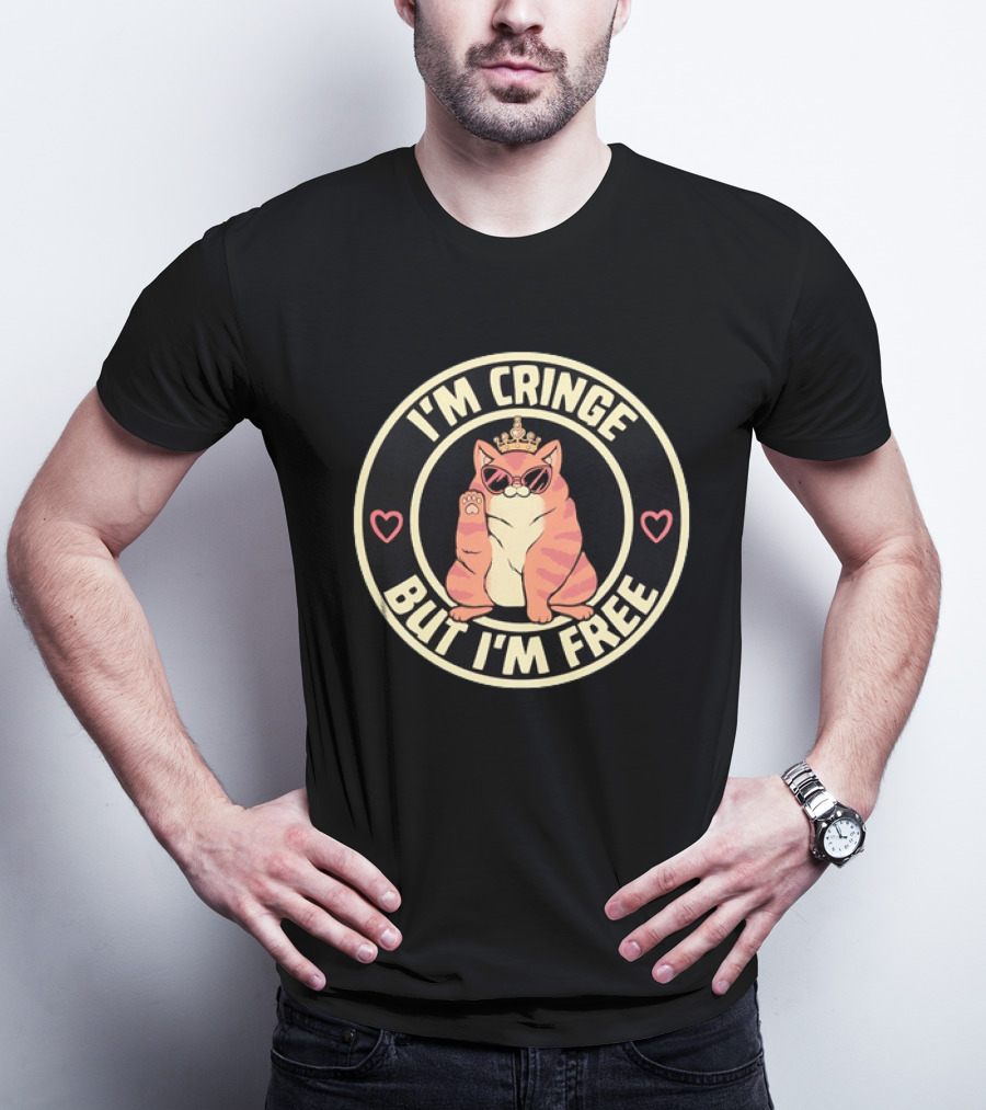 I'm Cringe But I'm Free Cat Crown Sunglasses Hearts T-Shirt
