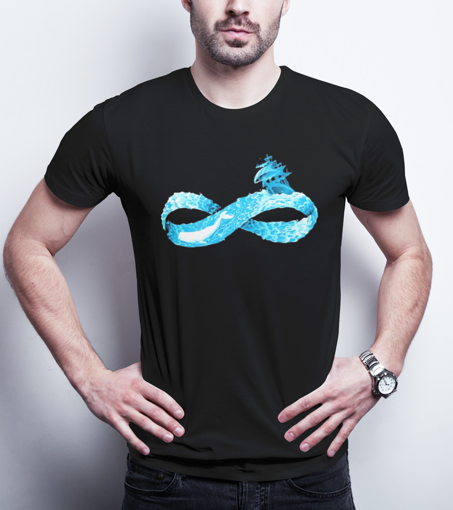 Infinity Symbol With Whale Swimming Beneath Sailing Ship Formed By Ocean Waves T-Shirt