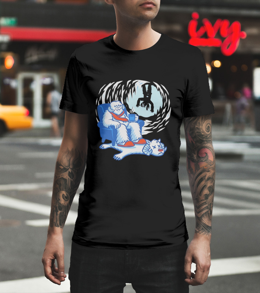 Yeti Relaxing In A Chair With Hot Drink And Abominable Snowman Rug T-Shirt