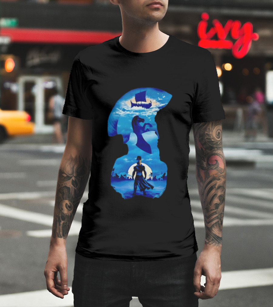 Spartan Warrior With Trojan Horse And Ancient Ship In Mythical Blue Scene T-Shirt
