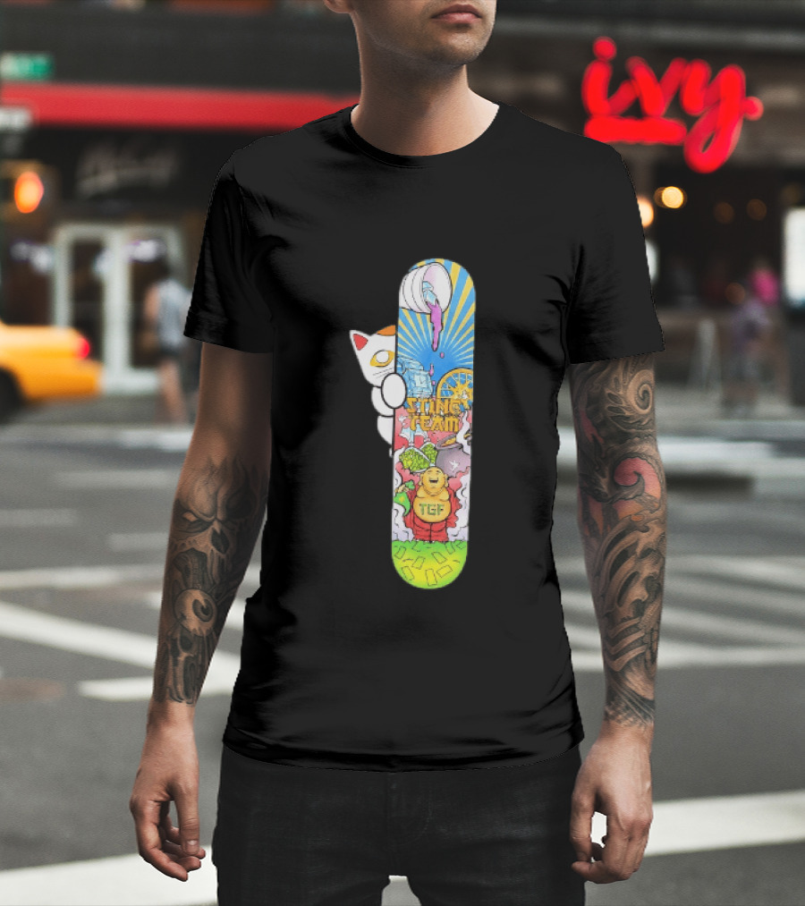 Stinc Team TGF Buddha Cat With Skateboard And Dripping Paint Aesthetic T-Shirt