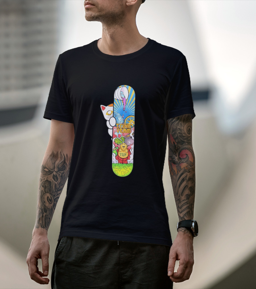 Stinc Team TGF Buddha Cat With Skateboard And Dripping Paint Aesthetic T-Shirt