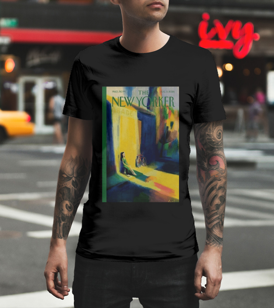 The New Yorker August 3 2026 Pierre Emmanuel Lyet Cover Art Female Figure With Bicycle In Vibrant Alley Scene T-Shirt