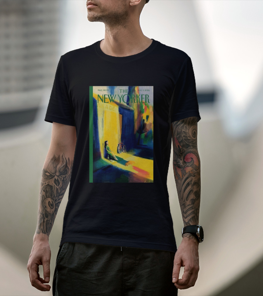 The New Yorker August 3 2026 Pierre Emmanuel Lyet Cover Art Female Figure With Bicycle In Vibrant Alley Scene T-Shirt