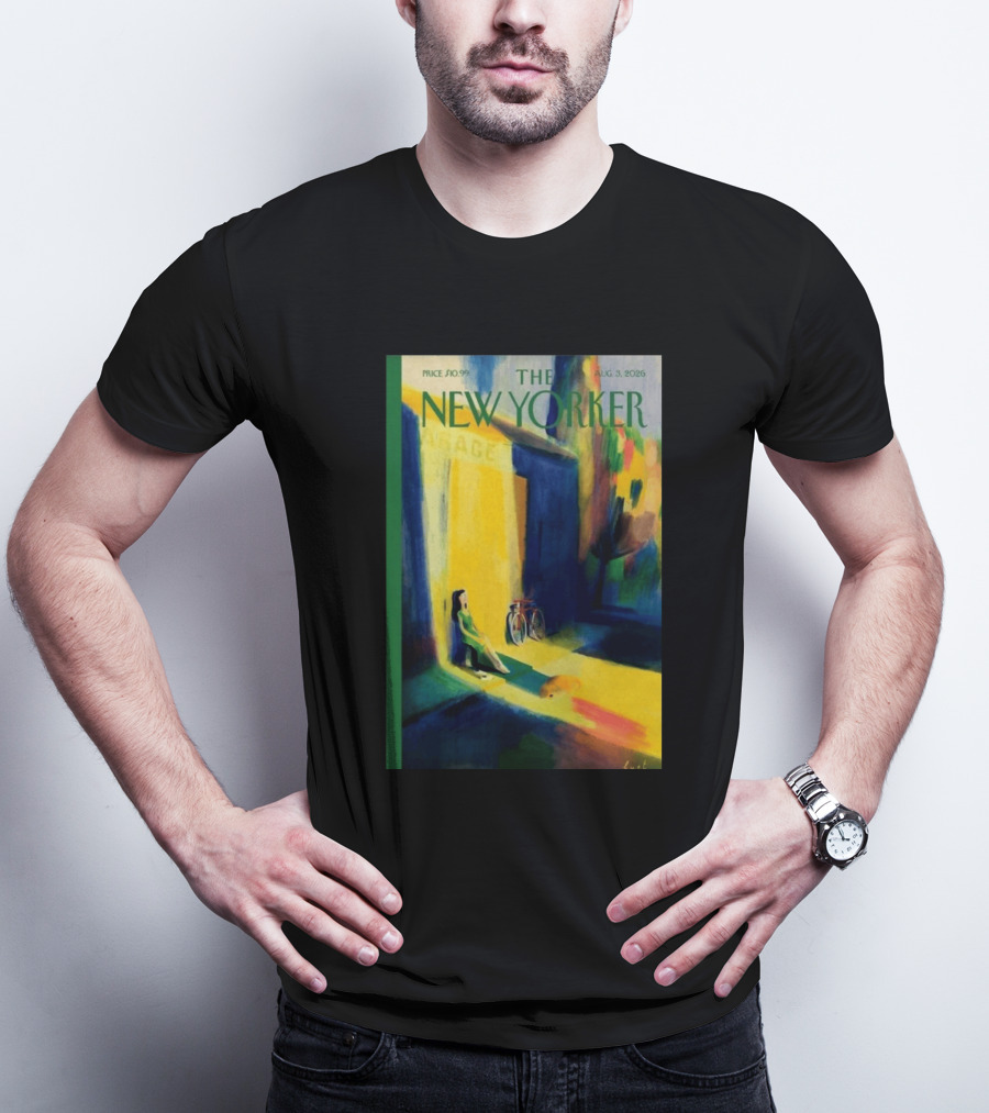 The New Yorker August 3 2026 Pierre Emmanuel Lyet Cover Art Female Figure With Bicycle In Vibrant Alley Scene T-Shirt