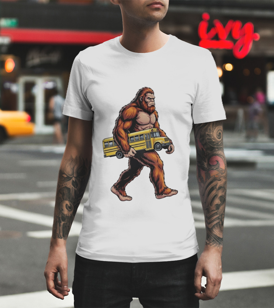 Bigfoot Sasquatch Carrying Yellow School Bus T-Shirt