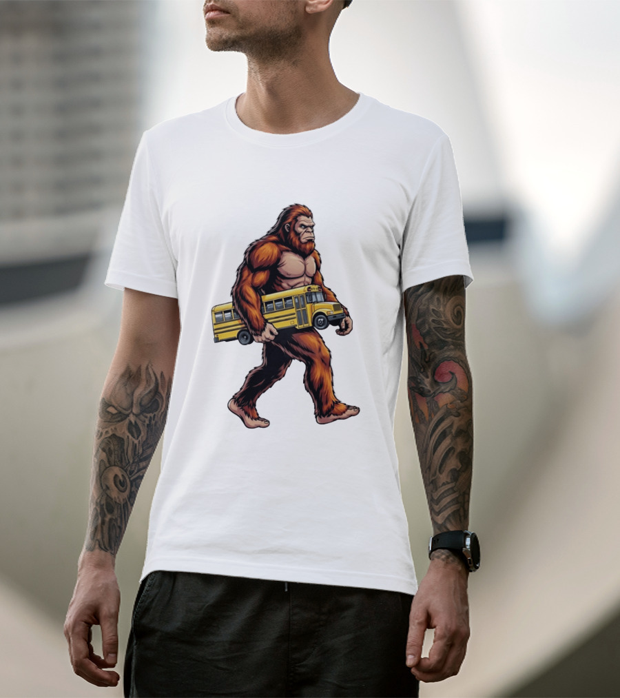Bigfoot Sasquatch Carrying Yellow School Bus T-Shirt