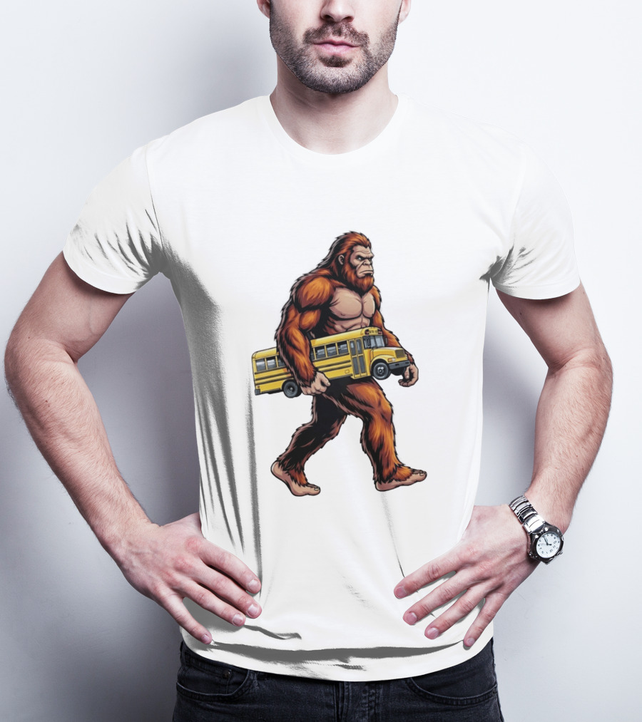 Bigfoot Sasquatch Carrying Yellow School Bus T-Shirt
