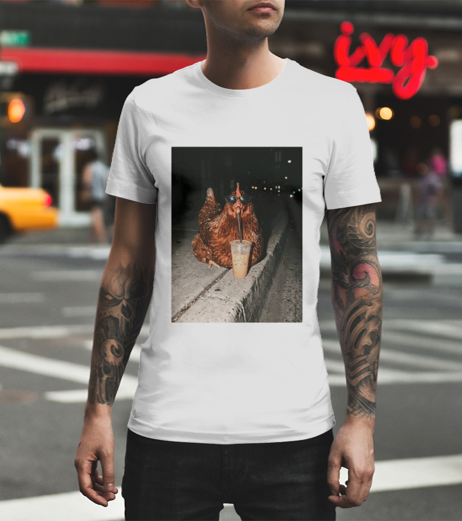 Chicken Wearing Sunglasses Drinking Iced Coffee At Night T-Shirt