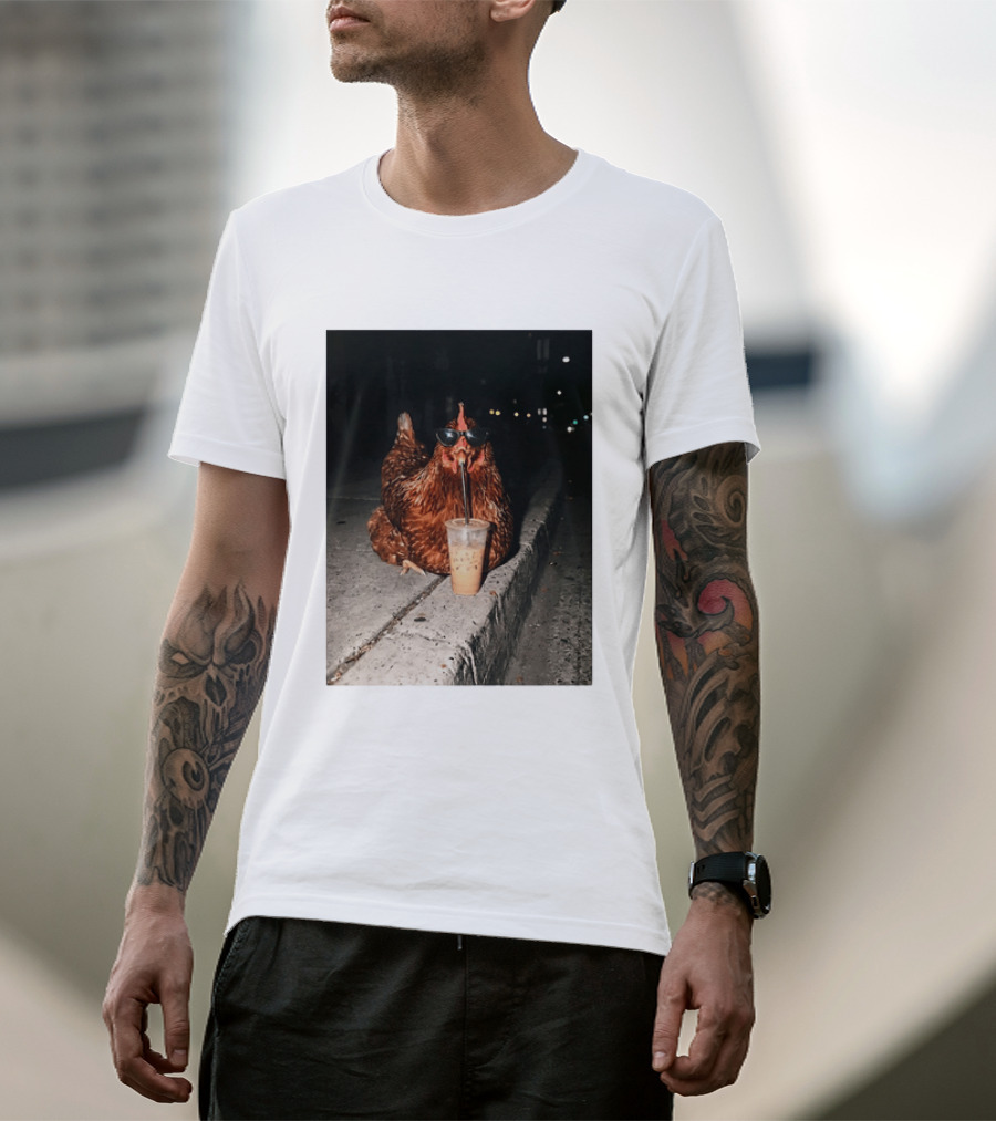 Chicken Wearing Sunglasses Drinking Iced Coffee At Night T-Shirt