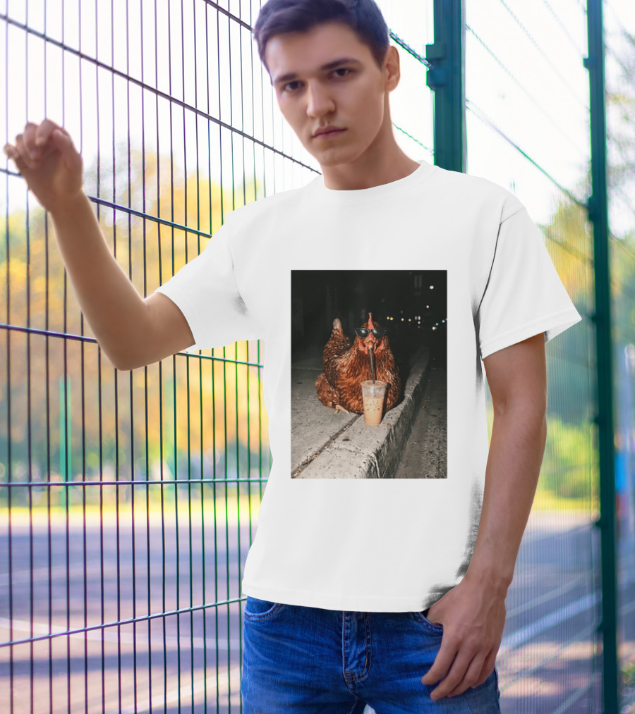 Chicken Wearing Sunglasses Drinking Iced Coffee At Night T-Shirt