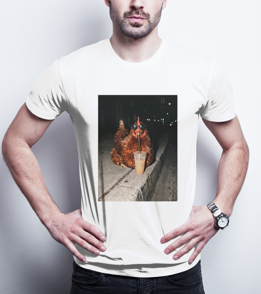 Chicken Wearing Sunglasses Drinking Iced Coffee At Night T-Shirt
