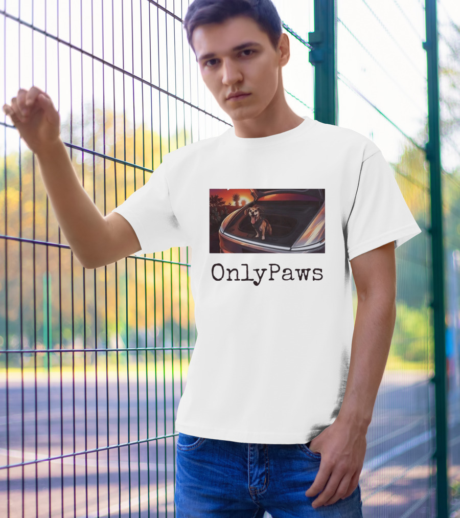 OnlyPaws Dog In Car Trunk At Sunset Desert Scene T-Shirt