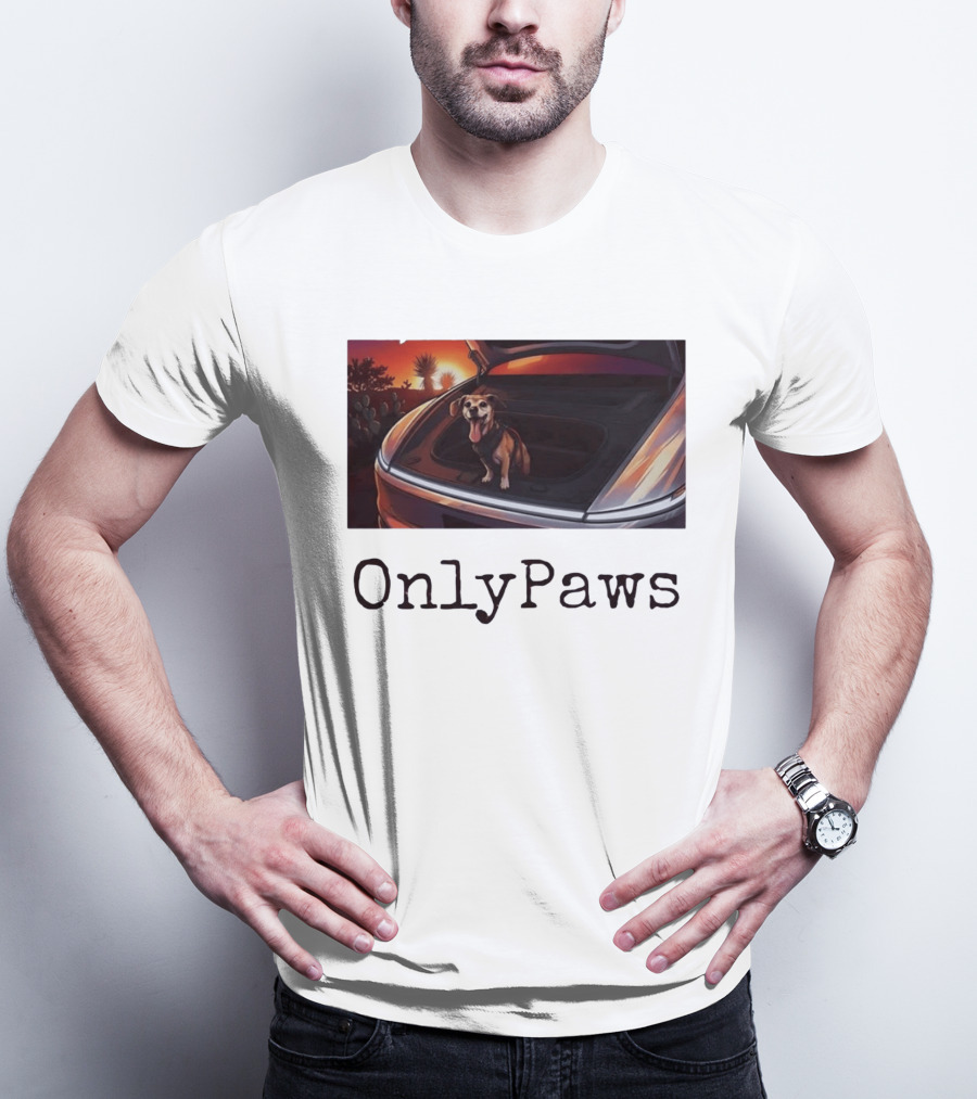OnlyPaws Dog In Car Trunk At Sunset Desert Scene T-Shirt
