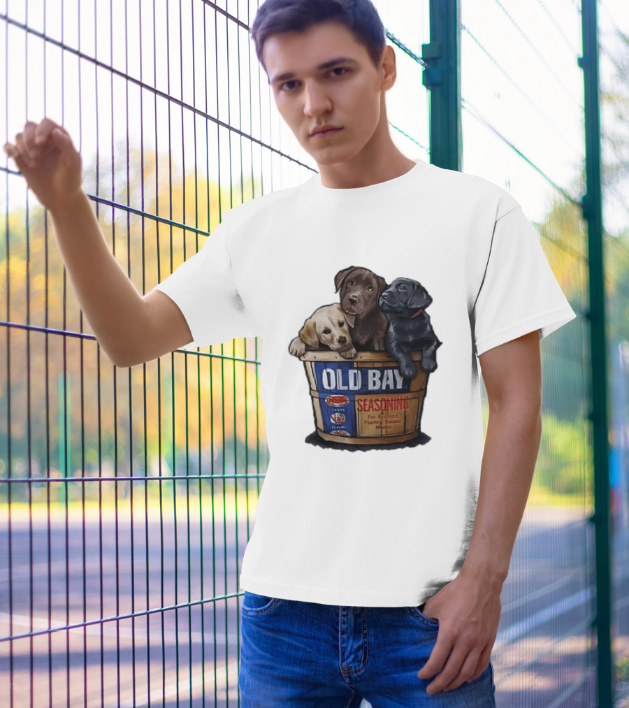 Old Bay Seasoning Labrador Puppies In Bushel Basket For Seafood Poultry Salads Meats T-Shirt