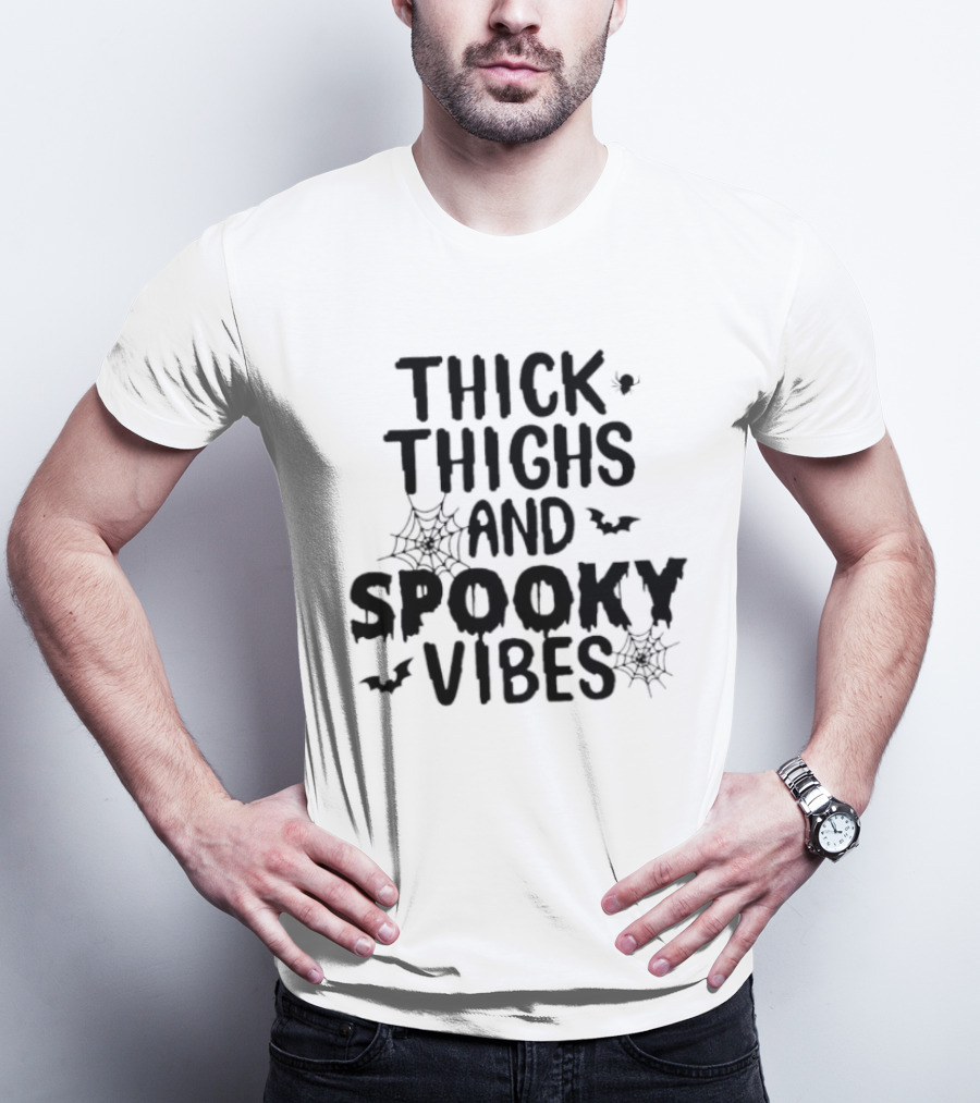 Thick Thighs And Spooky Vibes Halloween 2025 Cartoon With Bats And Spiderwebs T-Shirt