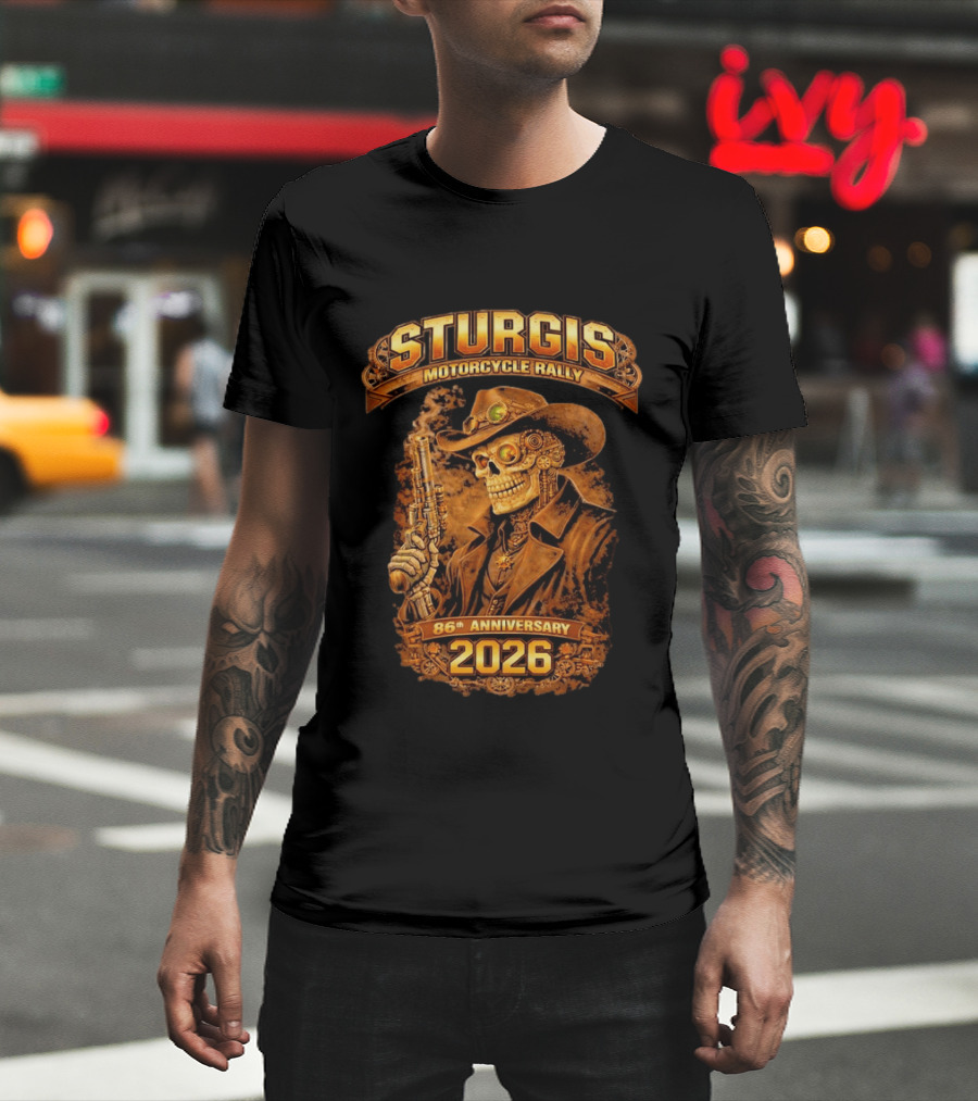 Sturgis Motorcycle Rally 2026 86th Anniversary Steampunk Cowboy Skull T-Shirt