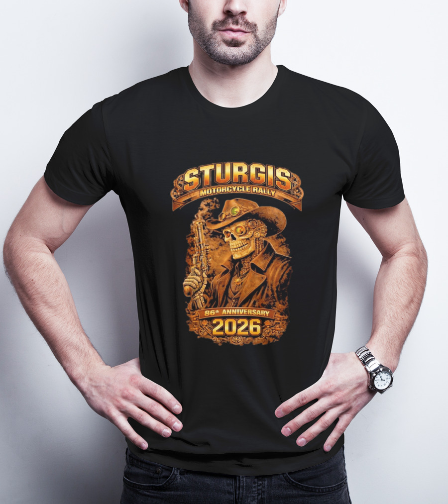 Sturgis Motorcycle Rally 2026 86th Anniversary Steampunk Cowboy Skull T-Shirt