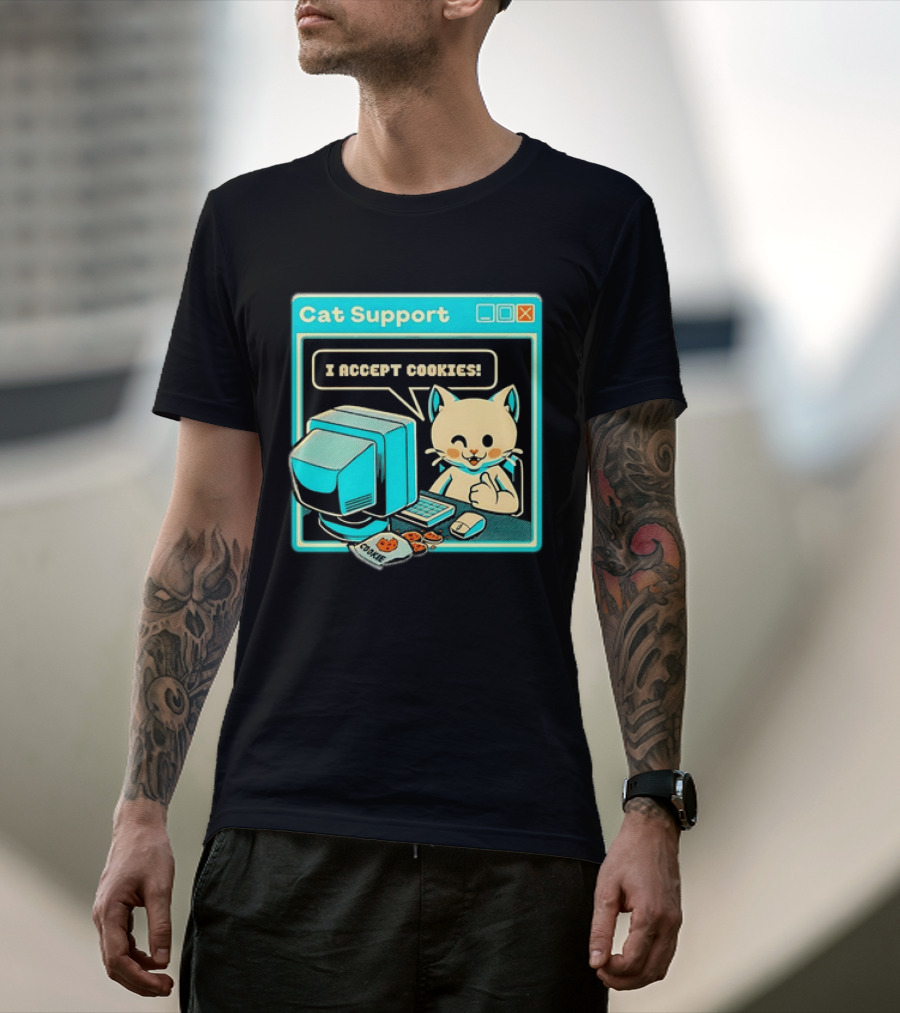 Cat Support I Accept Cookies Computer Cartoon Comic T-Shirt