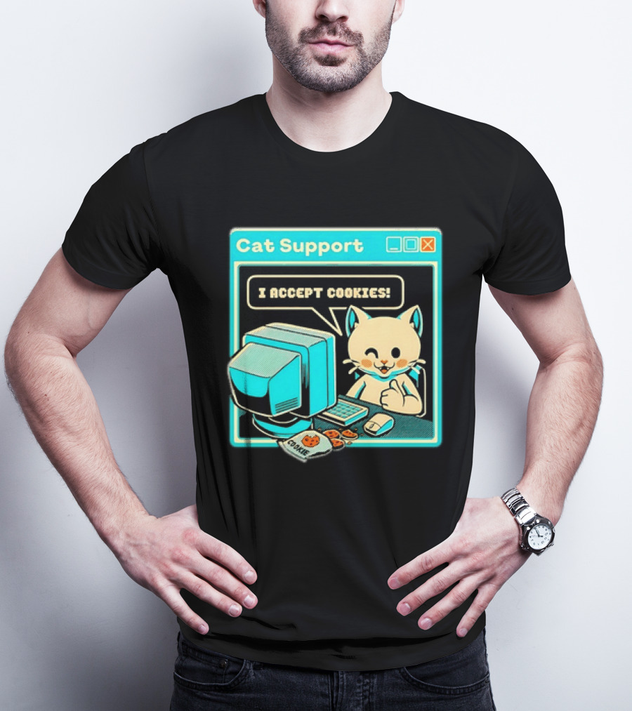 Cat Support I Accept Cookies Computer Cartoon Comic T-Shirt