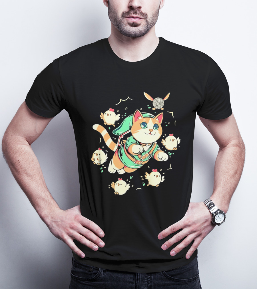 Fantasy Adventurer Cat In Green Tunic With Chickens And Yarn Ball T-Shirt