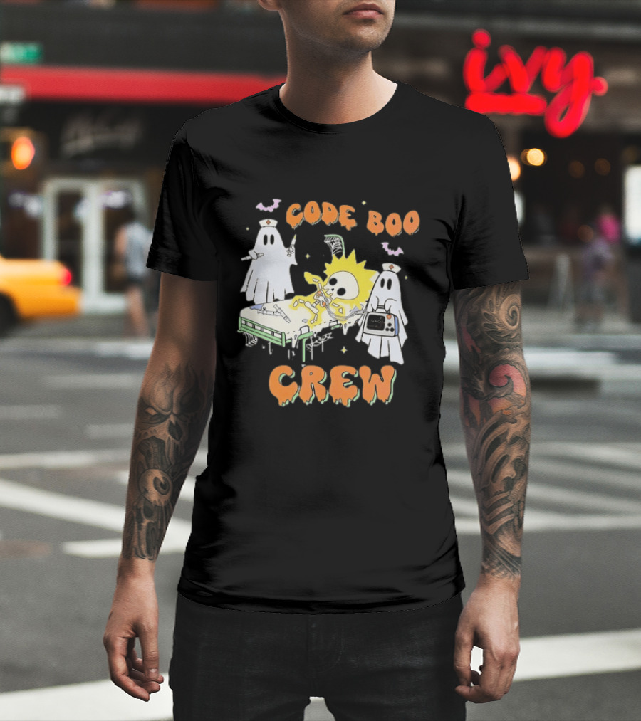 Code Boo Crew Halloween Ghost Nurse Skeleton Scene T-Shirt