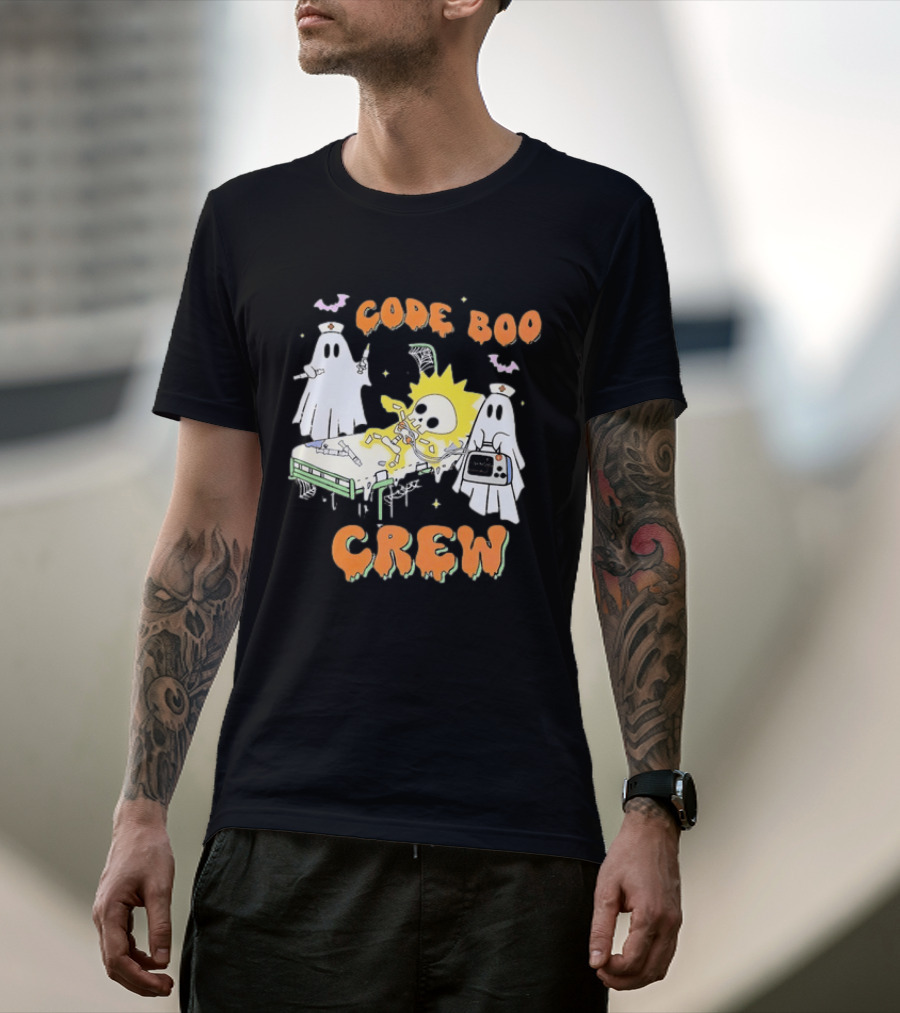 Code Boo Crew Halloween Ghost Nurse Skeleton Scene T-Shirt