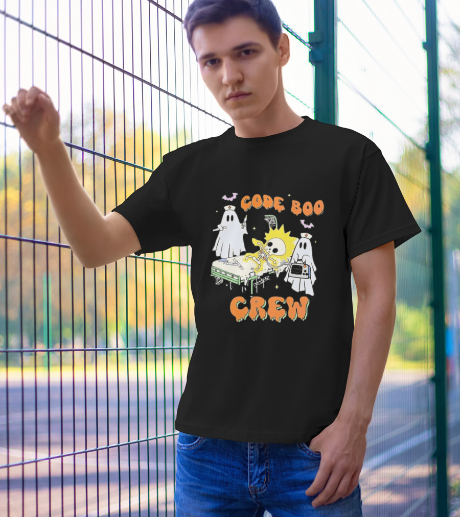Code Boo Crew Halloween Ghost Nurse Skeleton Scene T-Shirt