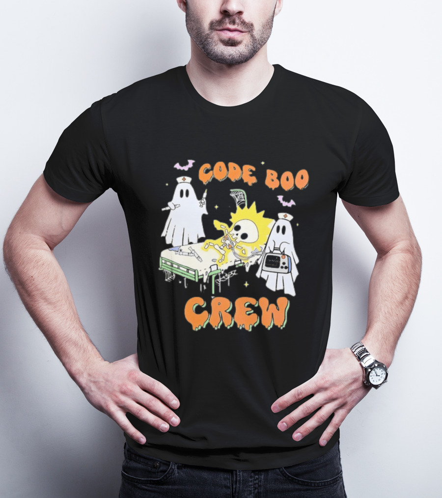Code Boo Crew Halloween Ghost Nurse Skeleton Scene T-Shirt