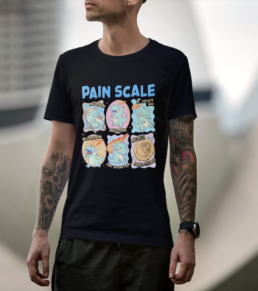 Pain Scale Cartoon Dinosaur Chart No Pain To Worst Pain Possible T-Shirt