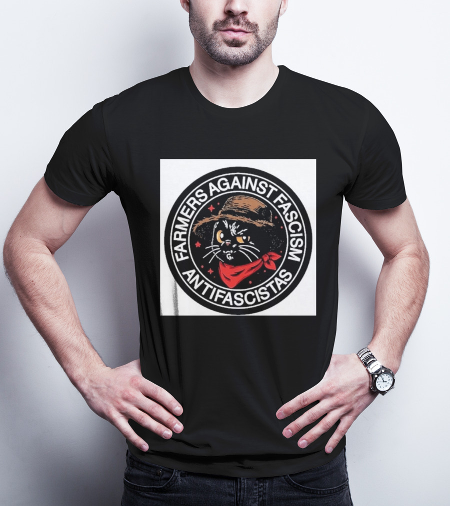 Farmers Against Fascism Antifascistas Cat Straw Hat Red Bandana T-Shirt