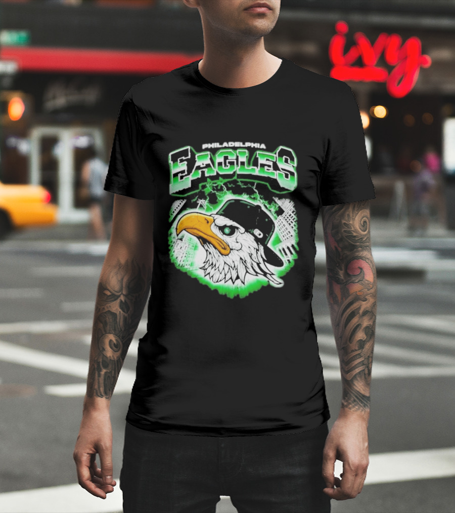 Philadelphia Eagles Mascot With Baseball Cap And City Skyline T-Shirt