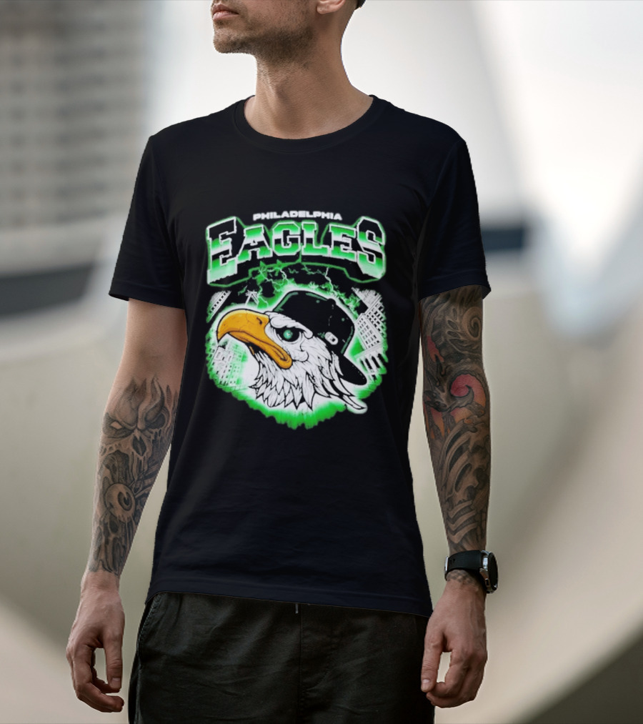 Philadelphia Eagles Mascot With Baseball Cap And City Skyline T-Shirt