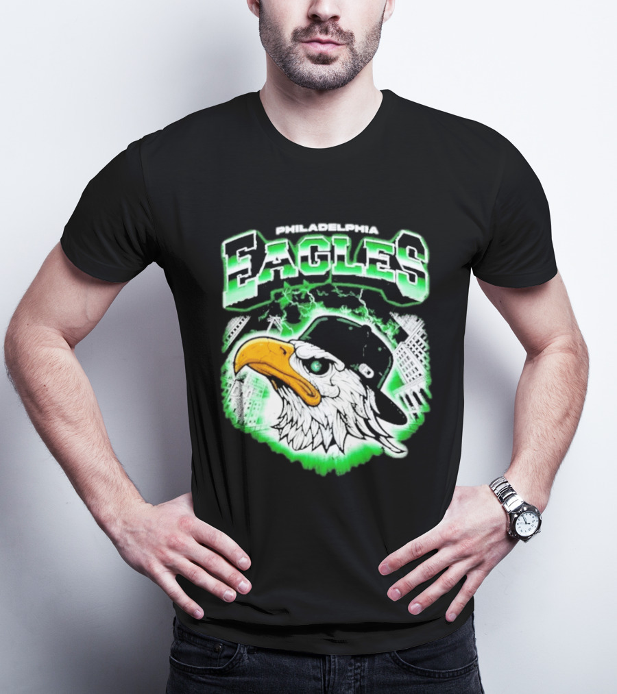 Philadelphia Eagles Mascot With Baseball Cap And City Skyline T-Shirt