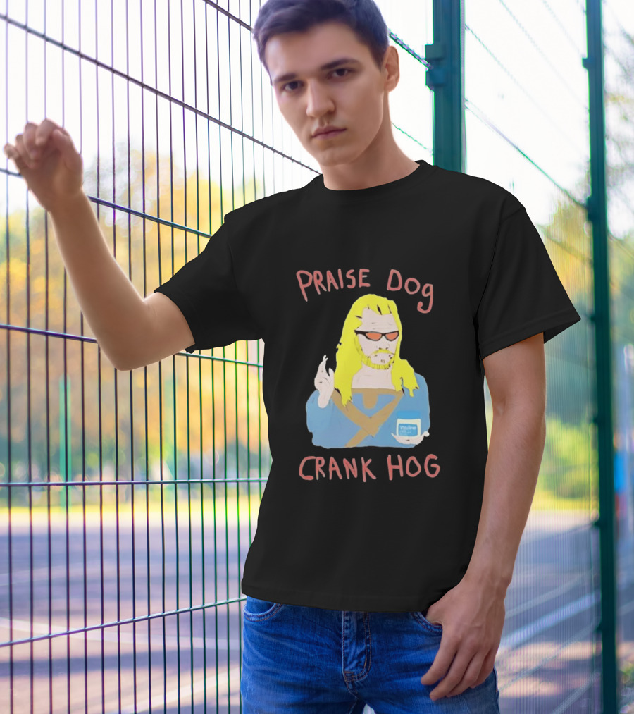 Praise Dog Crank Hog Meme Character With Sunglasses And Long Hair T-Shirt