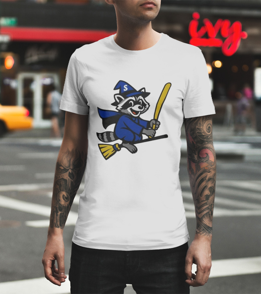 Seattle Mariners Jimothy The Etsy Witch Raccoon Flying Broomstick T-Shirt