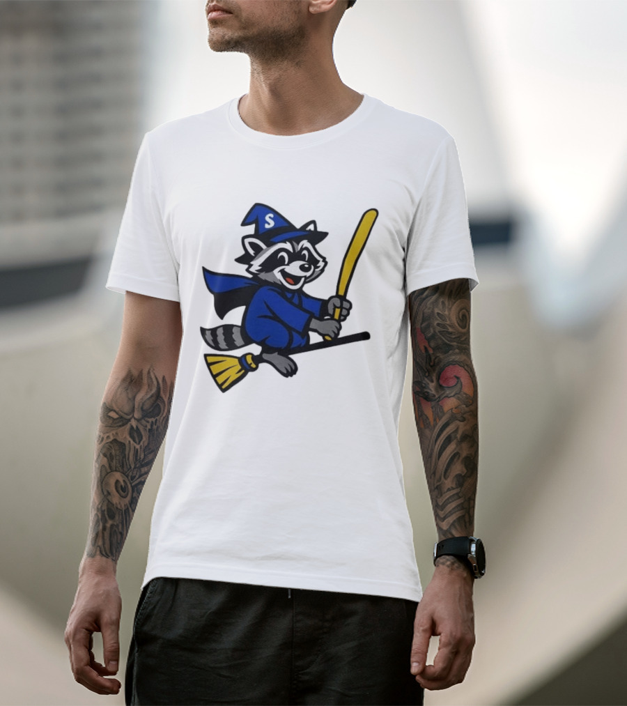 Seattle Mariners Jimothy The Etsy Witch Raccoon Flying Broomstick T-Shirt