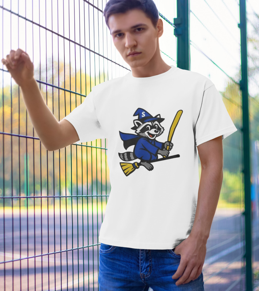 Seattle Mariners Jimothy The Etsy Witch Raccoon Flying Broomstick T-Shirt