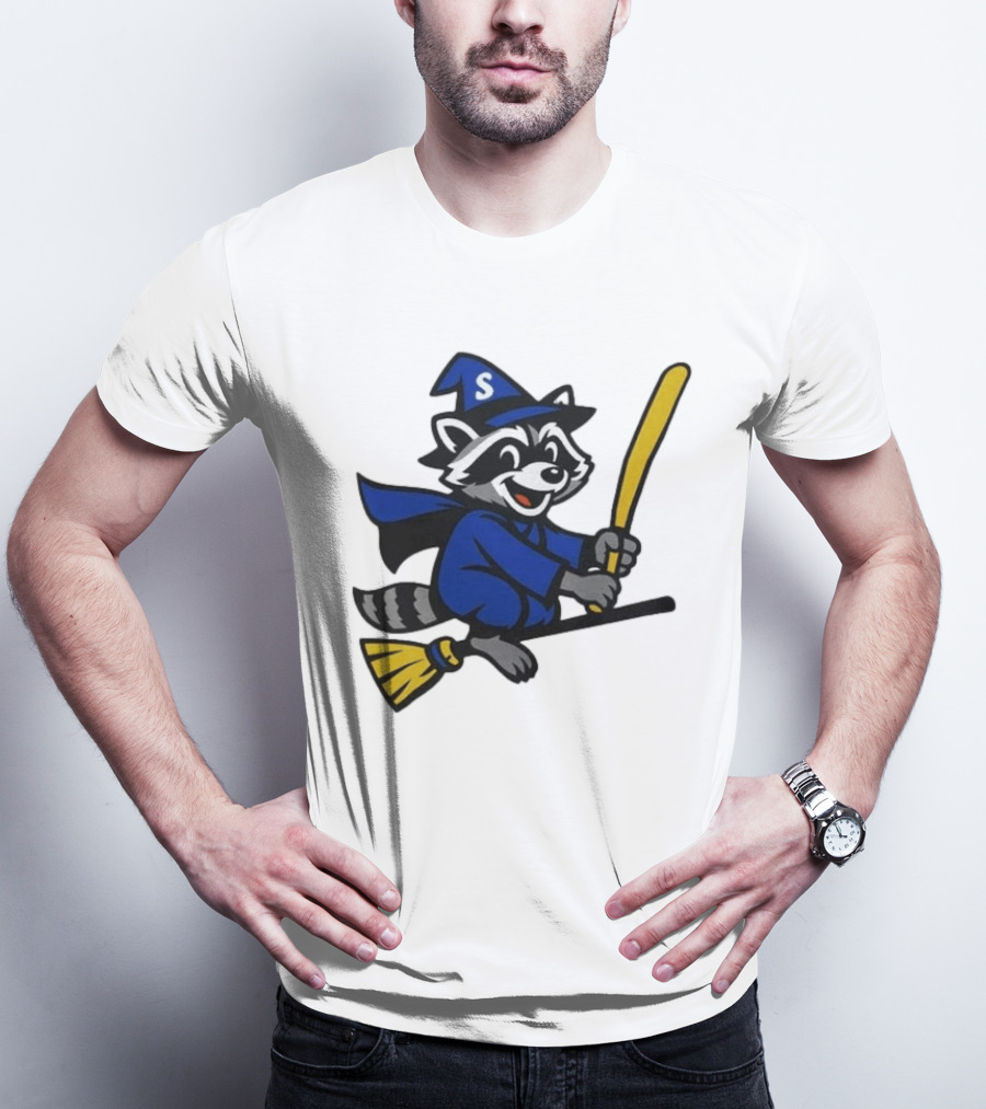 Seattle Mariners Jimothy The Etsy Witch Raccoon Flying Broomstick T-Shirt