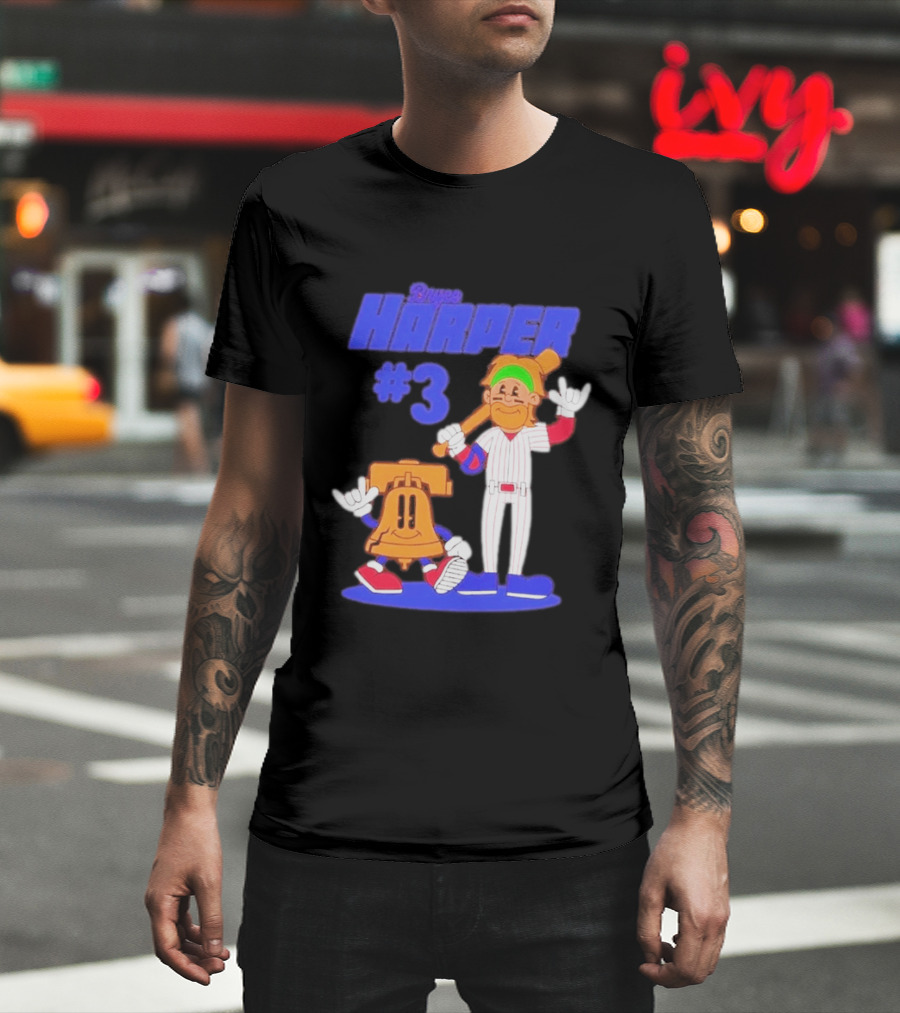 Bryce Harper #3 Philadelphia Phillies Cartoon Player And Liberty Bell T-Shirt