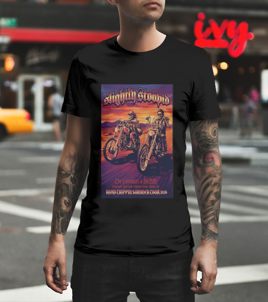 Slightly Stoopid Road Trippin Summer Tour 2026 The Elovaters DENM Boise Thursday July 30 Outlaw Field T-Shirt