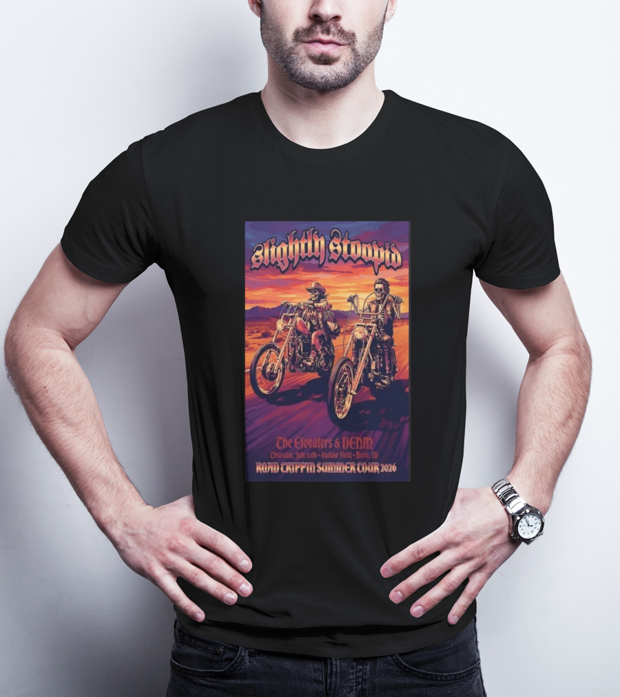 Slightly Stoopid Road Trippin Summer Tour 2026 The Elovaters DENM Boise Thursday July 30 Outlaw Field T-Shirt