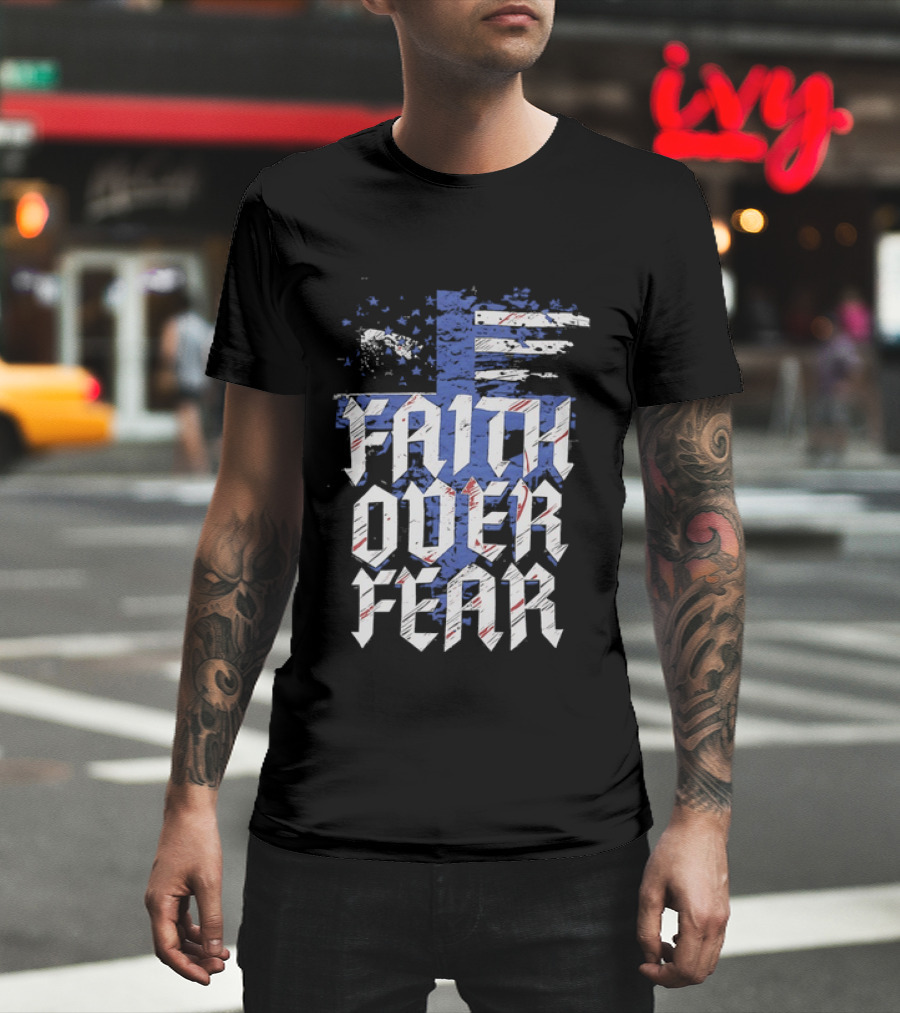 Faith Over Fear Distressed American Flag Cross T-Shirt