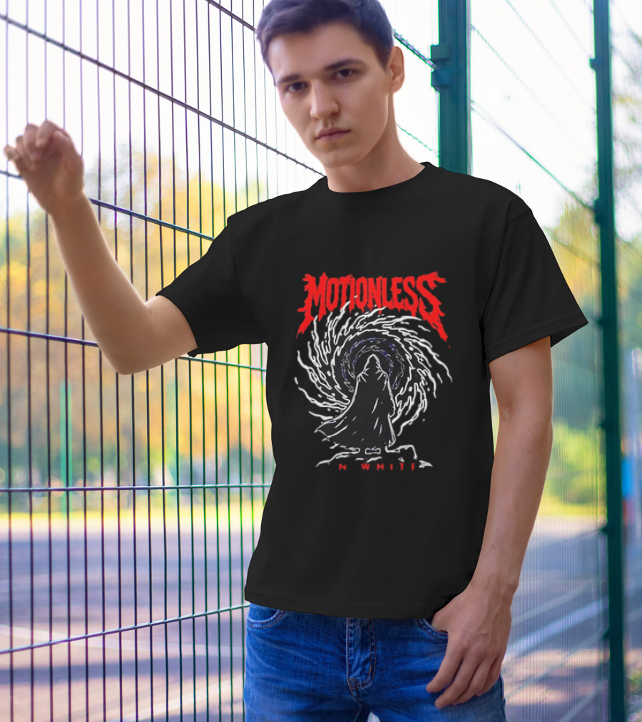 Motionless In White MIW The Sweat And Blood Tour 2026 Be Not Afraid Of The Dark Cloaked Figure Spiral T-Shirt