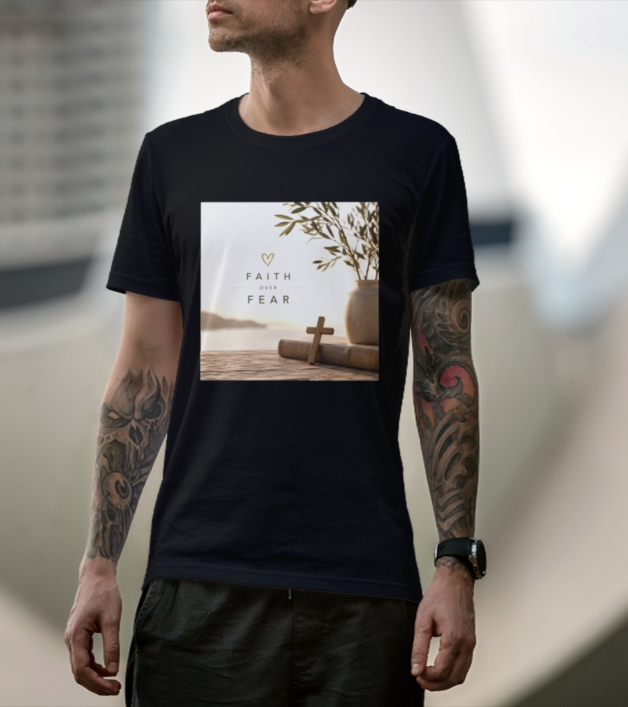 Faith Over Fear Christian Cross Heart With Bible And Olive Branches T-Shirt