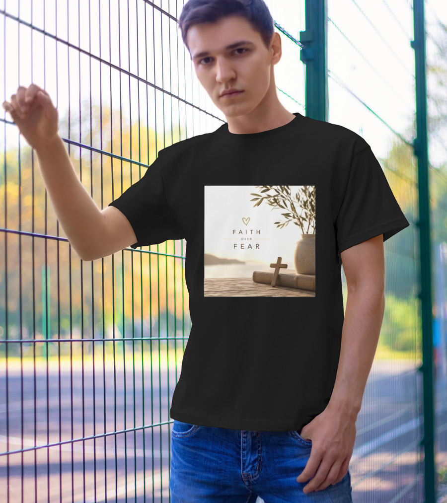 Faith Over Fear Christian Cross Heart With Bible And Olive Branches T-Shirt