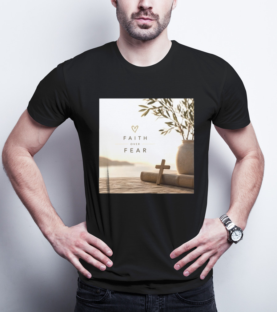 Faith Over Fear Christian Cross Heart With Bible And Olive Branches T-Shirt