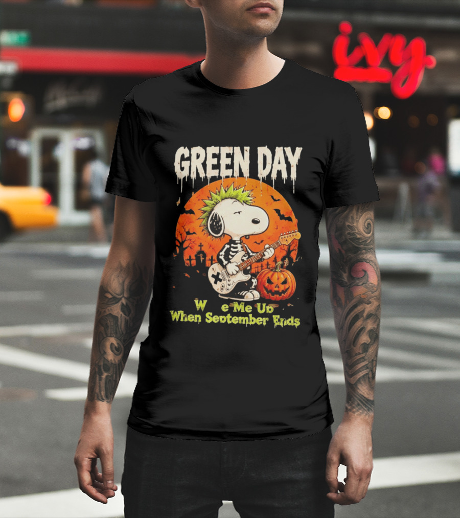 Green Day Snoopy Skeleton Guitar Wake Me Up When September Ends Halloween Pumpkin T-Shirt